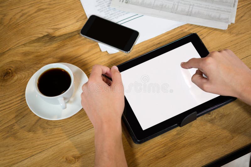 High Angle View of Man Hands Using Tablet Computer at Table Stock Image ...