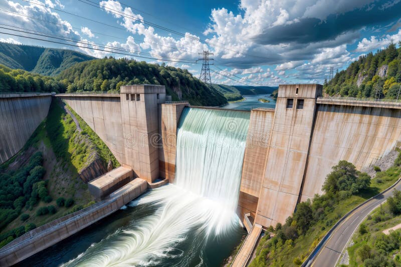 High-Angle View of Massive Dam with Cascading Water in Green Mountains ...