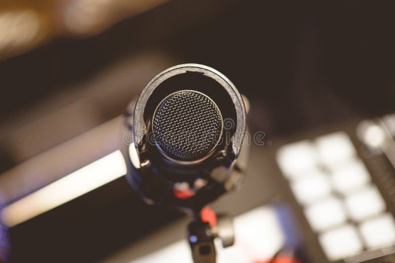 High Angle View of a Microphone in a Studio Under the Lights with a ...