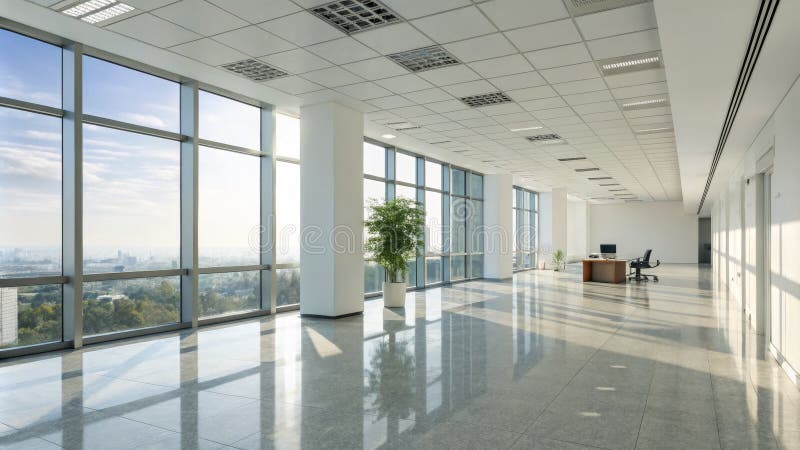 High-Angle View Modern Office, Floor-to-Ceiling Windows, Sunlit ...