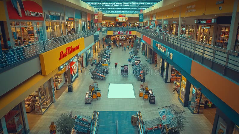 High-angle View of a Modern Shopping Mall Interior with Various Shops ...