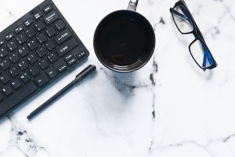 High Angle View of Modern Workplace with Coffee Cup and Keyboard Stock ...