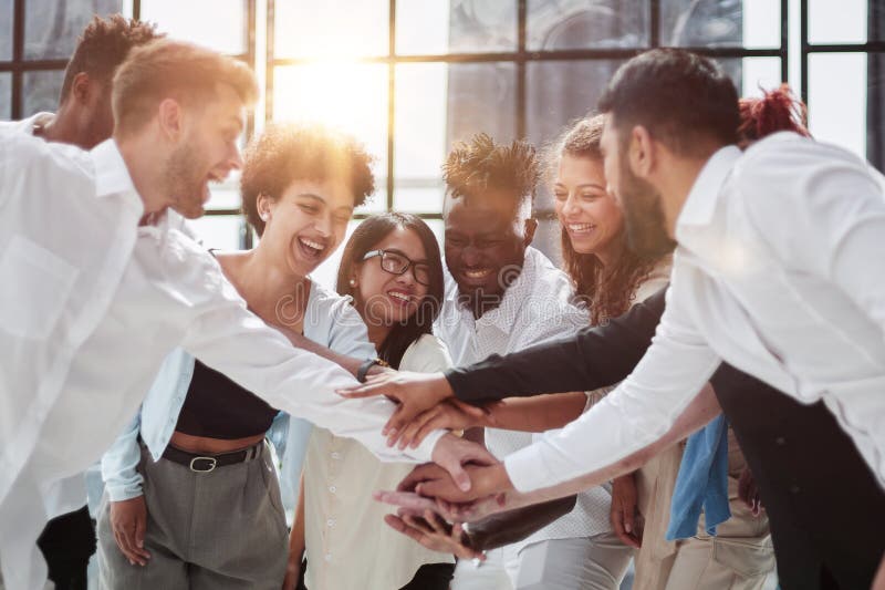 High Angle View of Multiracial Friend Stacking Hand Together Stock ...