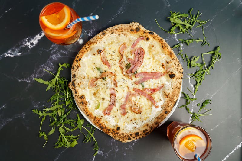 High Angle View of Original Italian Pizza with Cheese and Ham Stock ...