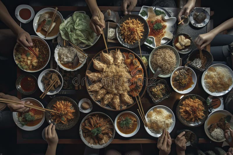 High Angle View of People Eating Asian Food Stock Illustration ...