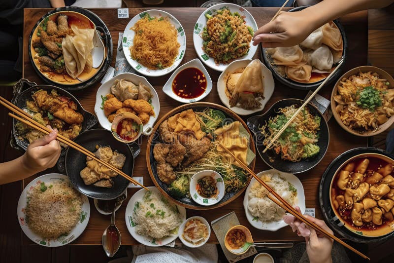 High Angle View of People Eating Asian Food Stock Illustration ...