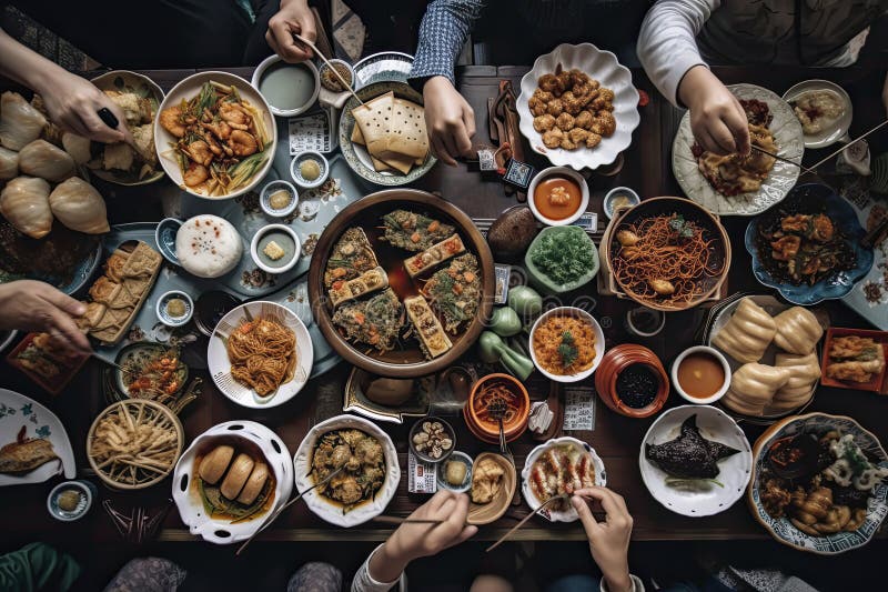 High Angle View of People Eating Asian Food Stock Illustration ...