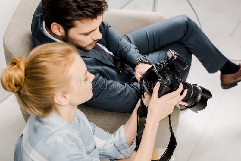 High Angle View of Photographer and Model Using Photo Camera Stock ...