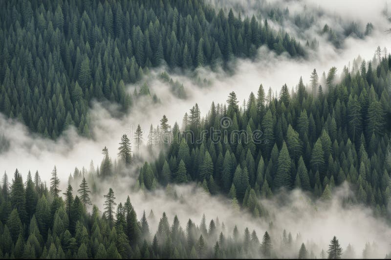 High Angle View of Pine Tree Forrest with Mist Stock Illustration ...