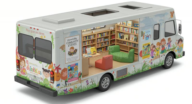 High Angle View of Pixelated Bookmobile Illustration with Children and ...