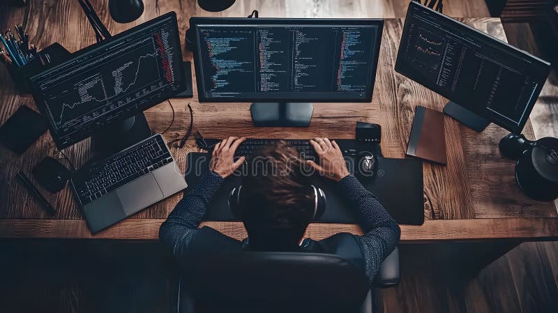 Programmer Working on Multiple Screens Coding Project Software ...