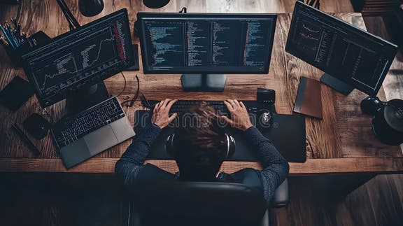 Programmer Working on Multiple Screens Coding Project Software ...