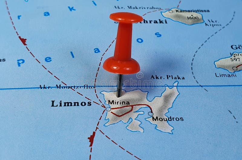 High-angle View of a Red Pin Marking the Location of Limnos Island on ...