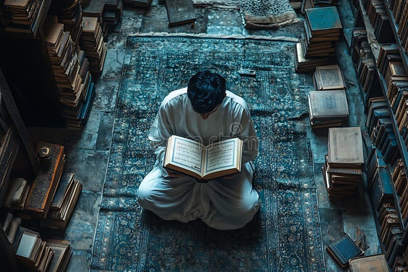 Seen from Above, the Middle Eastern Man Carefully Reads a Book Amidst ...