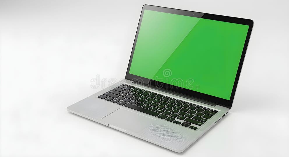 High-Angle View of Silver Laptop with Green Screen on White Background ...