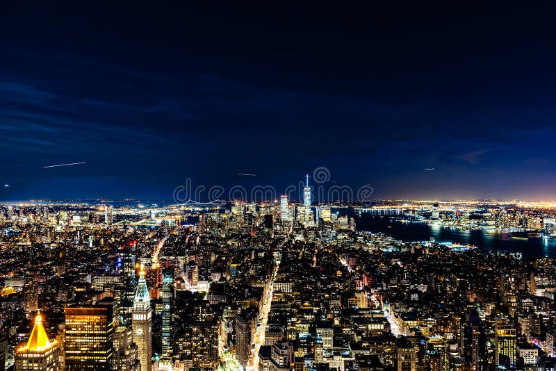 High Angle View of the Skyline of Manhattan at Night Editorial Stock ...