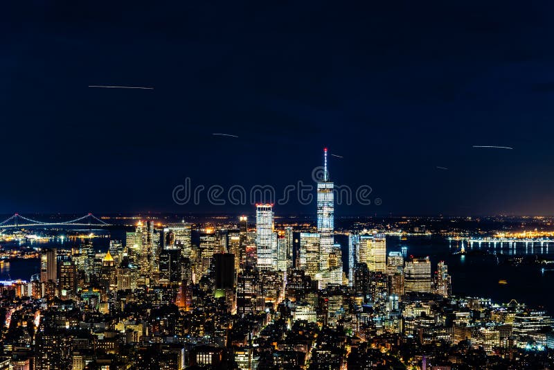 High Angle View of the Skyline of Manhattan at Night Editorial Stock ...