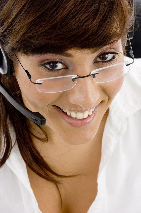 High Angle View of Smiling Female with Headset Stock Image - Image of ...