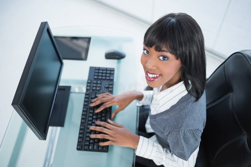 High Angle View of Smiling Pretty Businesswoman Typing Stock Image ...