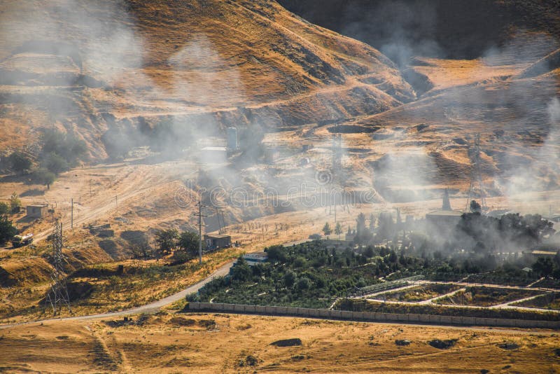 Arson of Industrial Warehouse, Big Smoke Cloud Spreading with Wind ...