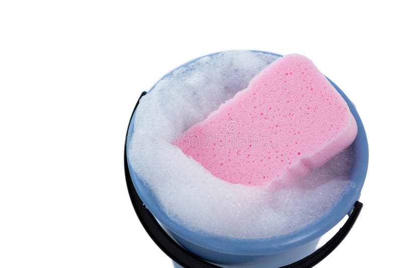 High Angle View of Sponge in Bucket with Soap Sud Stock Photo - Image ...