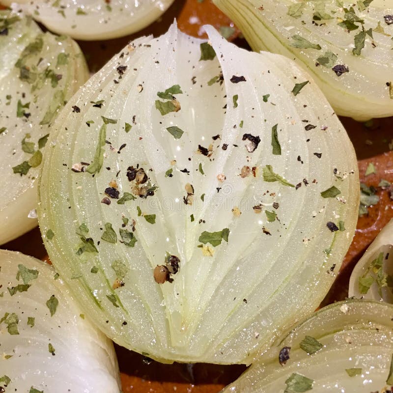 High Angle View of Steamed Onions in a Baking Dish Stock Photo - Image ...