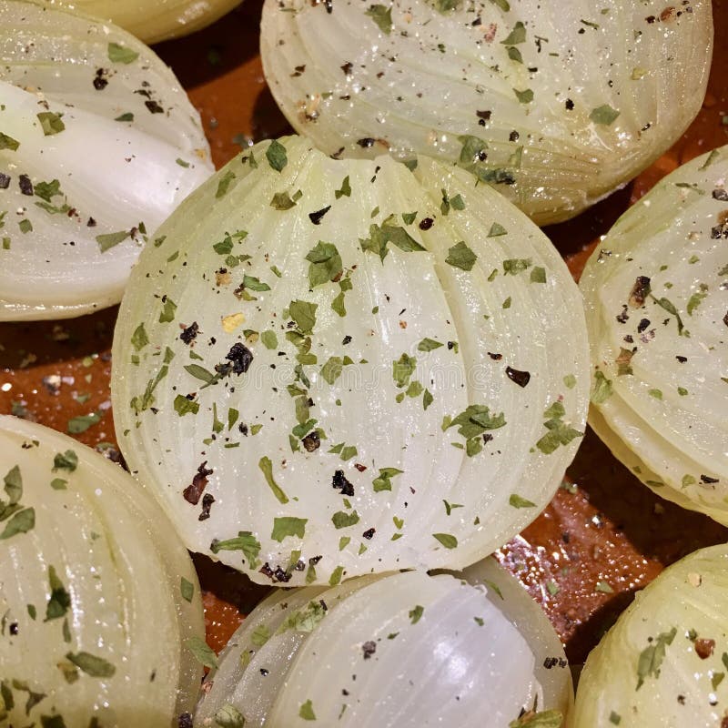 High Angle View of Steamed Onions in a Baking Dish Stock Photo - Image ...