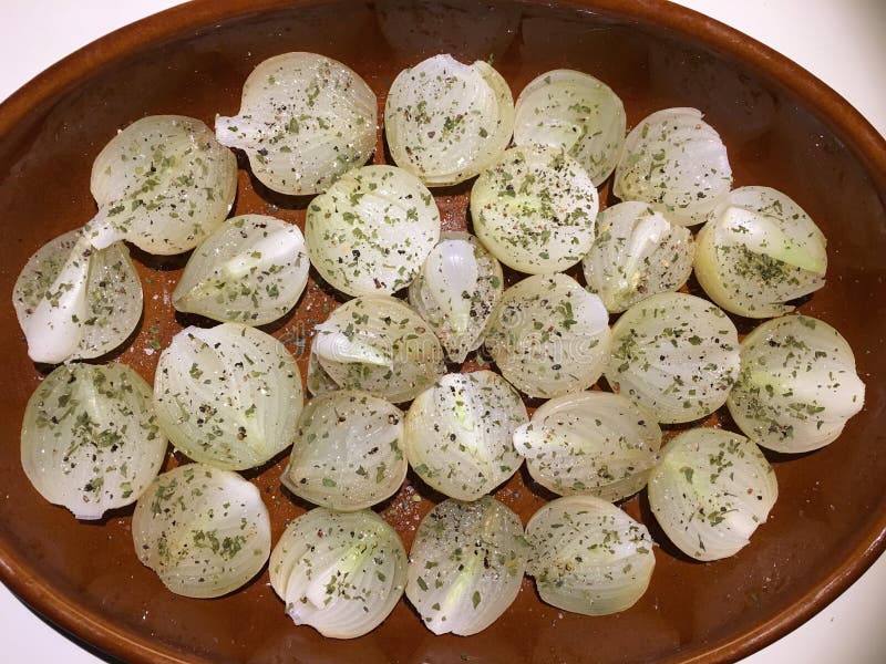 High Angle View of Steamed Onions in a Baking Dish Stock Photo - Image ...
