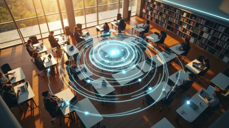 Students Working on Laptops in Tech Enhanced Classroom, Holographic ...