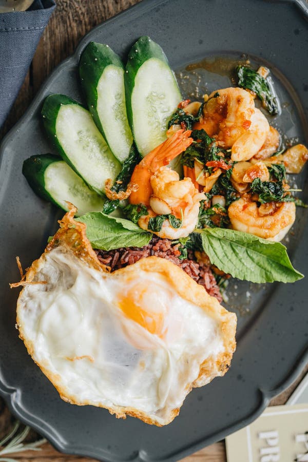 High Angle View of Thai Food in Plate on Table Stock Image - Image of ...