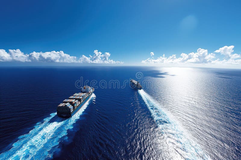 High Angle View of Two Cargo Ships Sailing in the Bright Ocean Under ...