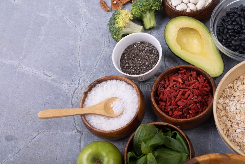 High Angle View of Various Food and Ingredient on Table, Copy Space ...