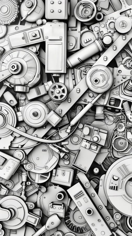 High-angle View of Various Mechanical Parts Forming a Complex Machine ...