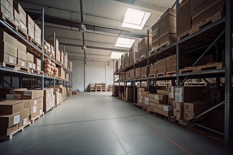 High Angle View of Warehouse with Racks and Boxes. this is a Freight ...