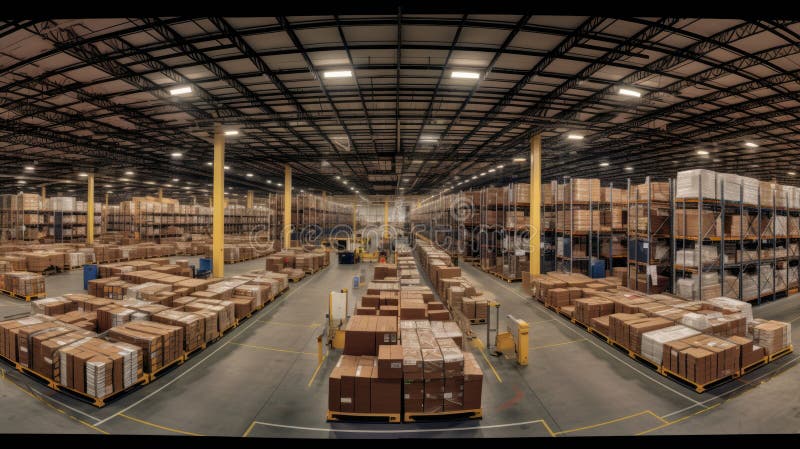 High Angle View of a Warehouse with Rows of Boxes on the Shelves Stock ...