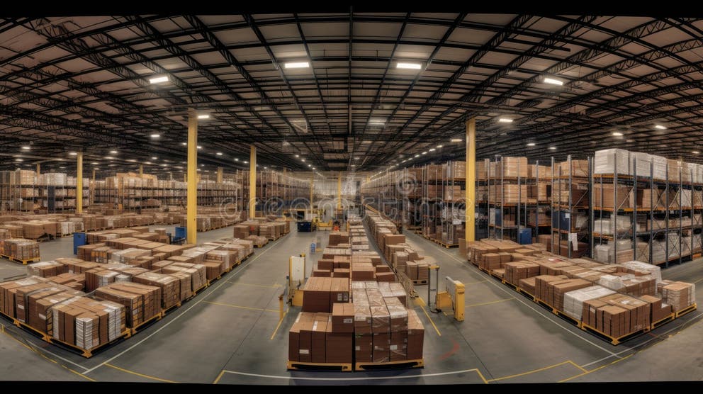 High Angle View of a Warehouse with Rows of Boxes on the Shelves Stock ...