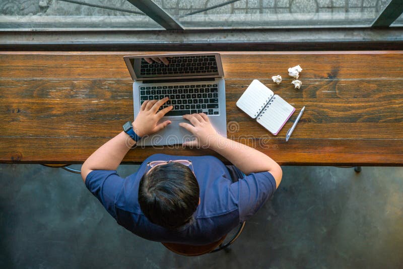 High Angle View of Young Freelancer Using Laptop Stock Photo - Image of ...