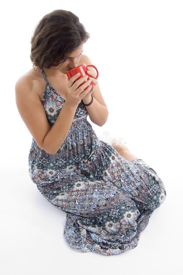High Angle View of Young Woman Showing Cell Phone Stock Image - Image ...