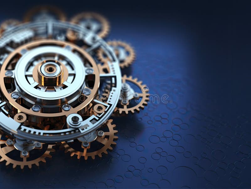 High Angle Wheel Group of Cog Gear Wheels Against Blue Background Stock ...