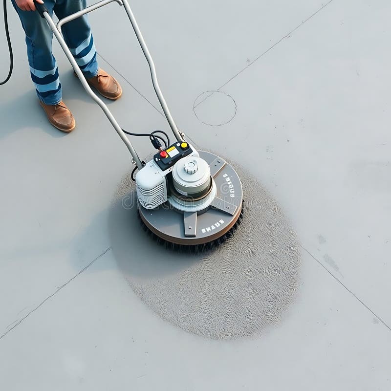 High Angle of a Worker Using a Rotary Concrete Scraper To Smooth Out ...