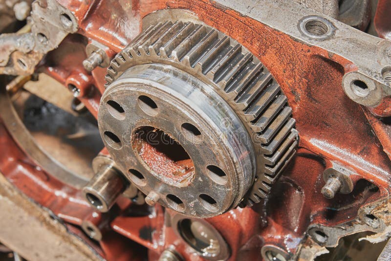 High Angle Zoom View of Crankshaft Gear in Front of Car Engine Stock ...
