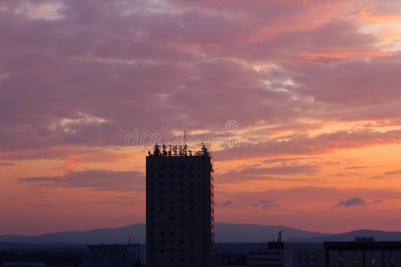 High Building in Ceske Budejovice in Sunset with Hill Stock Image ...