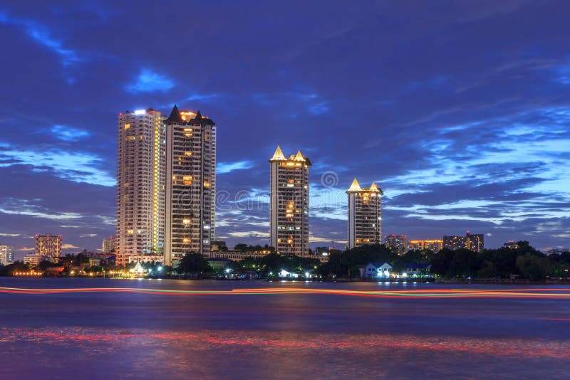 High Building at the River and Blur Light Stock Image - Image of ...