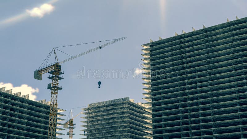 High Building Under Construction. Side with Cranes Against Blue Sky ...