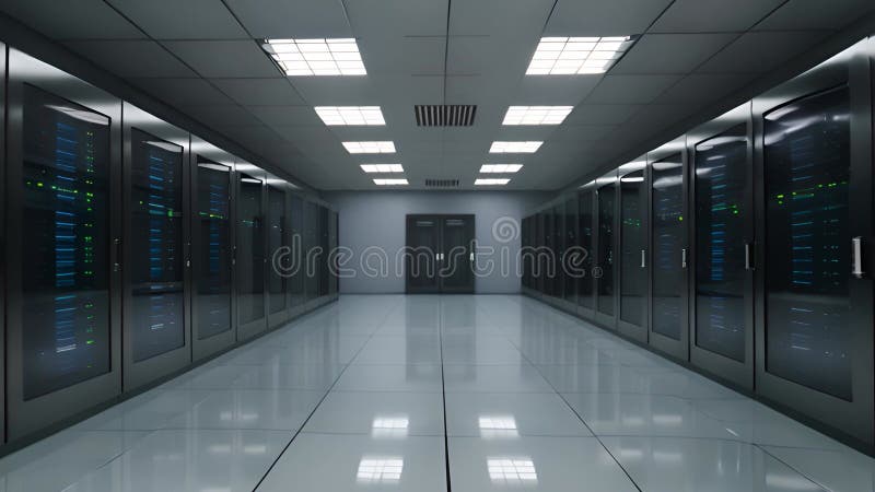 Rows of Servers are Seen in a Data Center, Illuminated by Bright ...