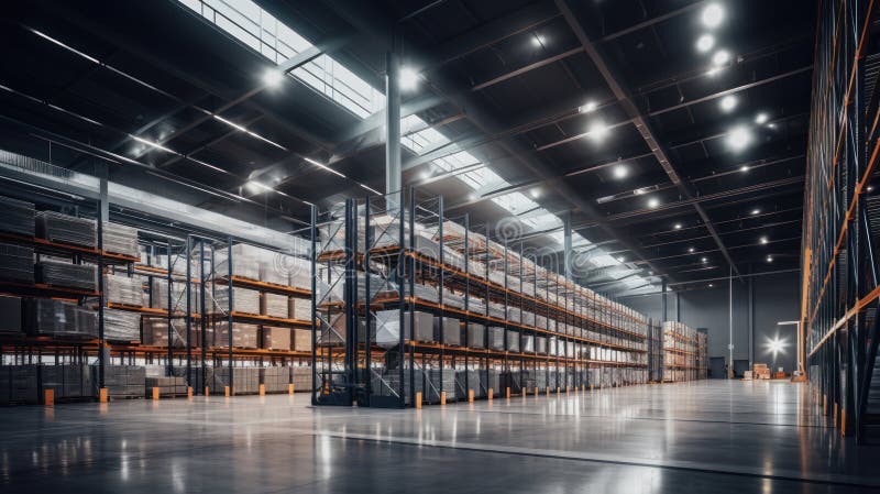 High-ceilinged Modern Logistics Warehouse Interior with Neatly Stacked ...