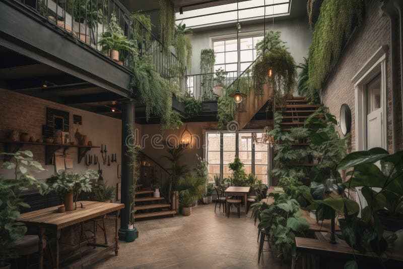 High-ceilinged Space with Lush Plants and Greenery Stock Illustration ...