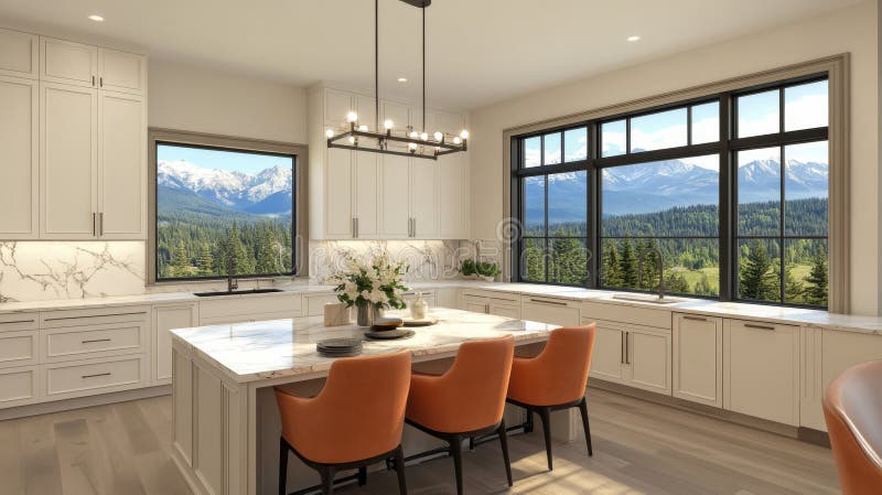 High Ceilings, Large Windows, and Orange Chairs Define the Modern Kitchen and Dining Space Stock ...