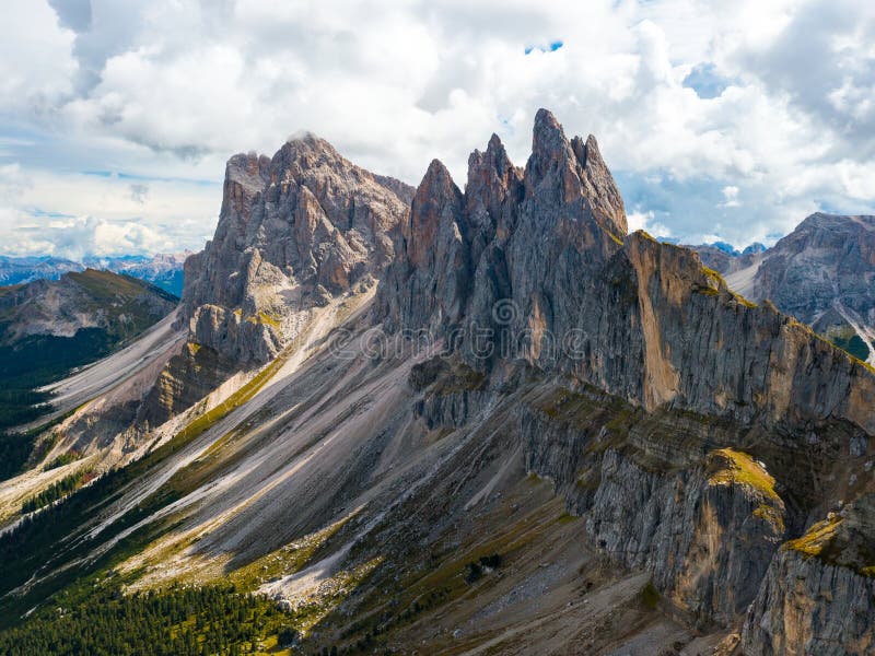 High Cliff of Seceda Mountains Covered with Green Grass Stock Image ...