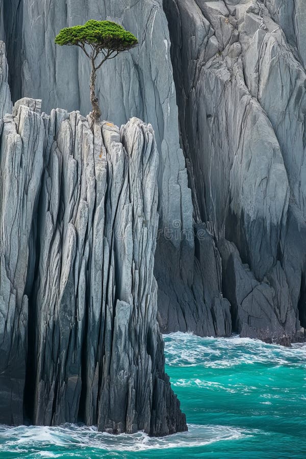 High Cliffs with Single Bushes, Washed by Ocean Waves. Stock Image ...